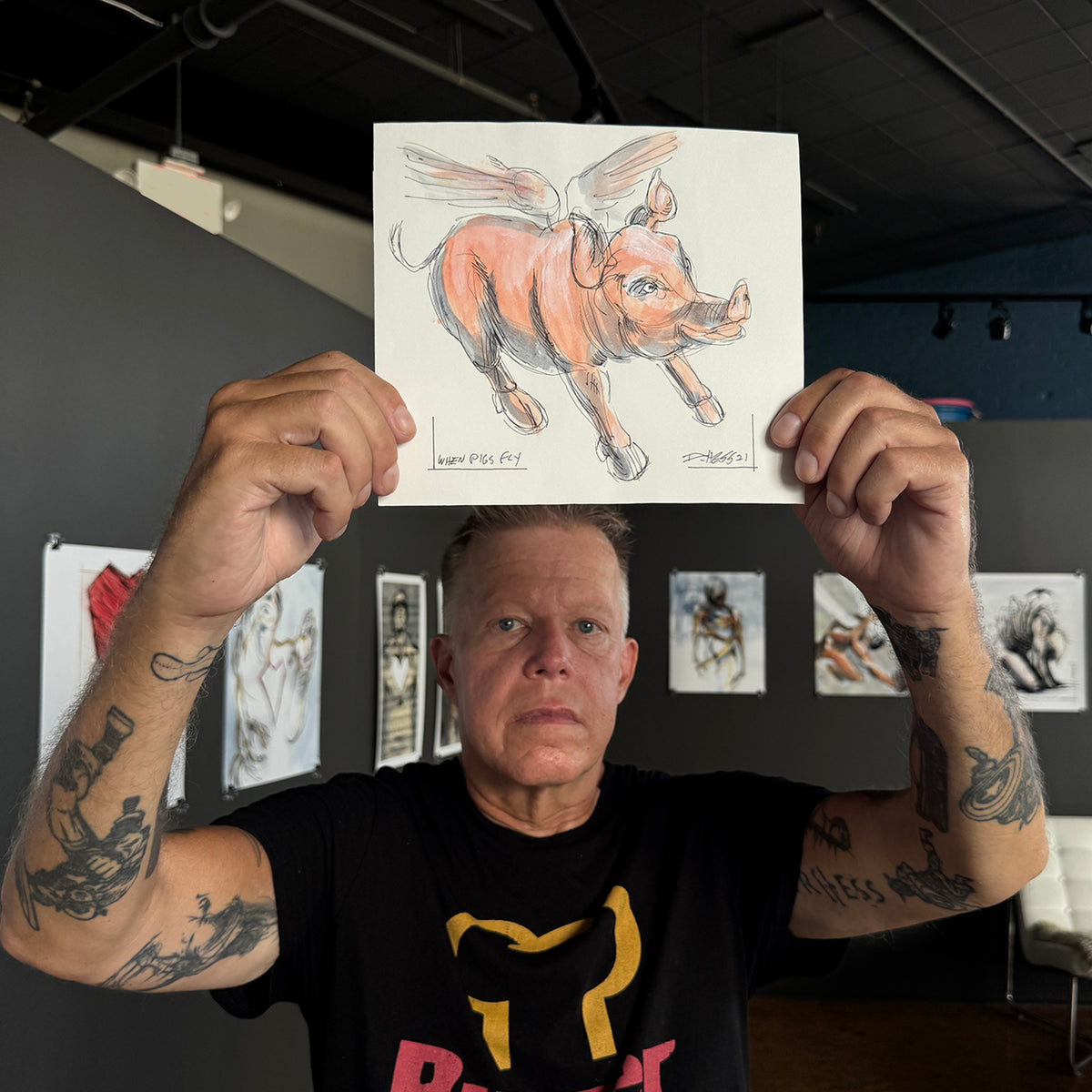 Derek Hess | Original Art | When Pigs Fly Illustration